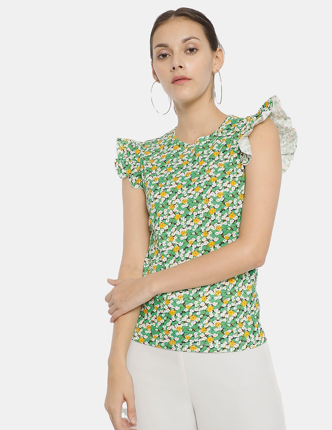 Buy SUGR Women Green Ruffled Sleeve Floral Print Top - NNNOW.com